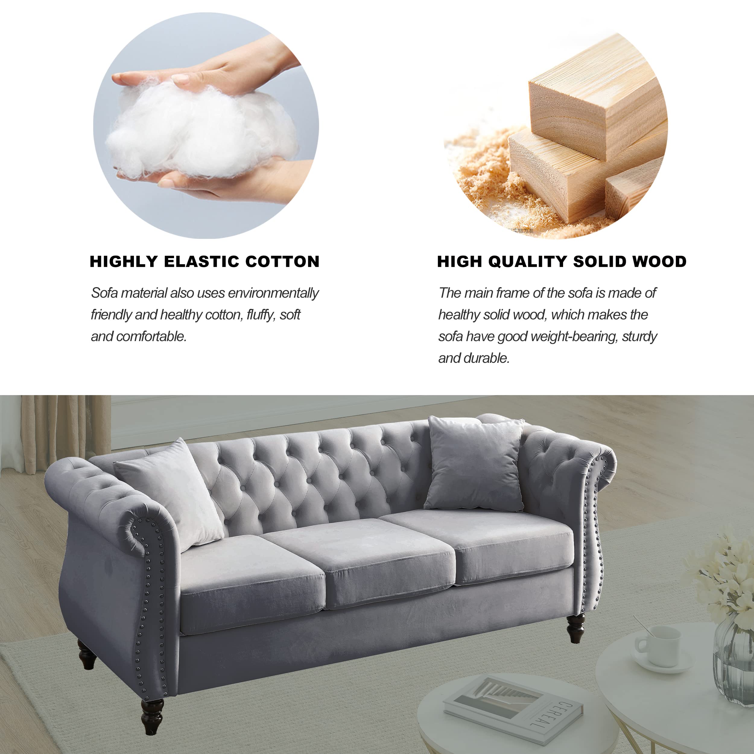 Bellemave 80" Chesterfield Sofa Couch Velvet 3-Seater Sofa with Two Pillows, Nailhead & Rolled Arms Upholstered Sofa with Curved Backrest Solid Wood Legs for Living Room, Bedroom, Office (Grey)