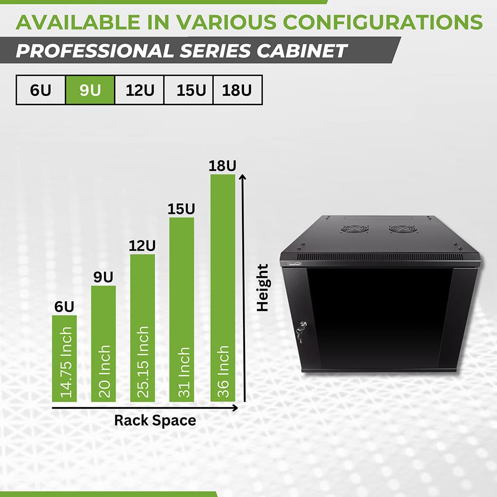 NavePoint 9U Server Rack Enclosure - 23.6β Deep, 9U Wall Mount Network Cabinet with Locking Glass Door for 19β IT Equipment, 9U Network Rack with 2 Fans, Removable Side Panels, Black