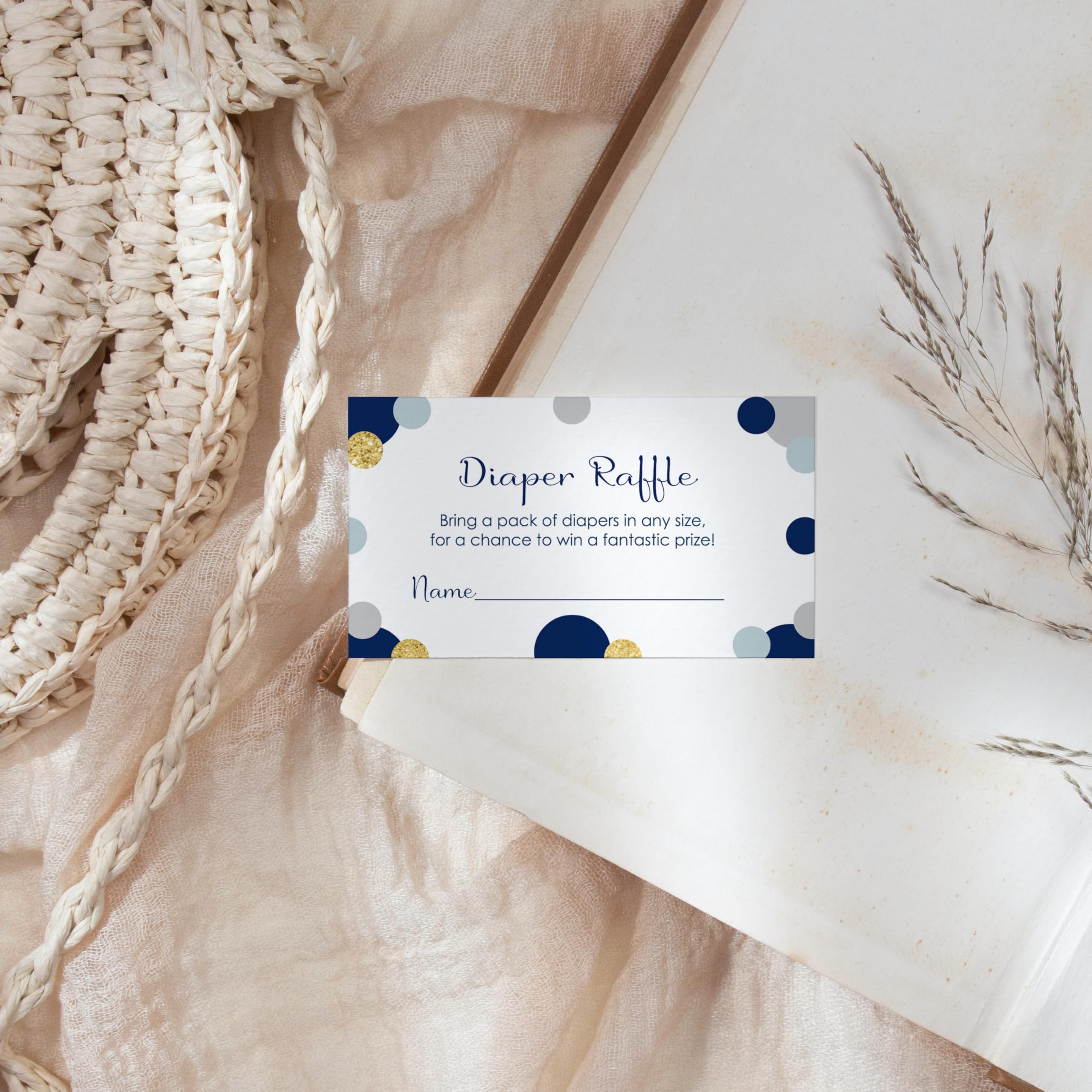 Navy and Gold Diaper Raffle Tickets, Boys Baby Shower Games for Prizes, Baby Shower Diaper Raffle Invitation Insert Cards, 25 Pack