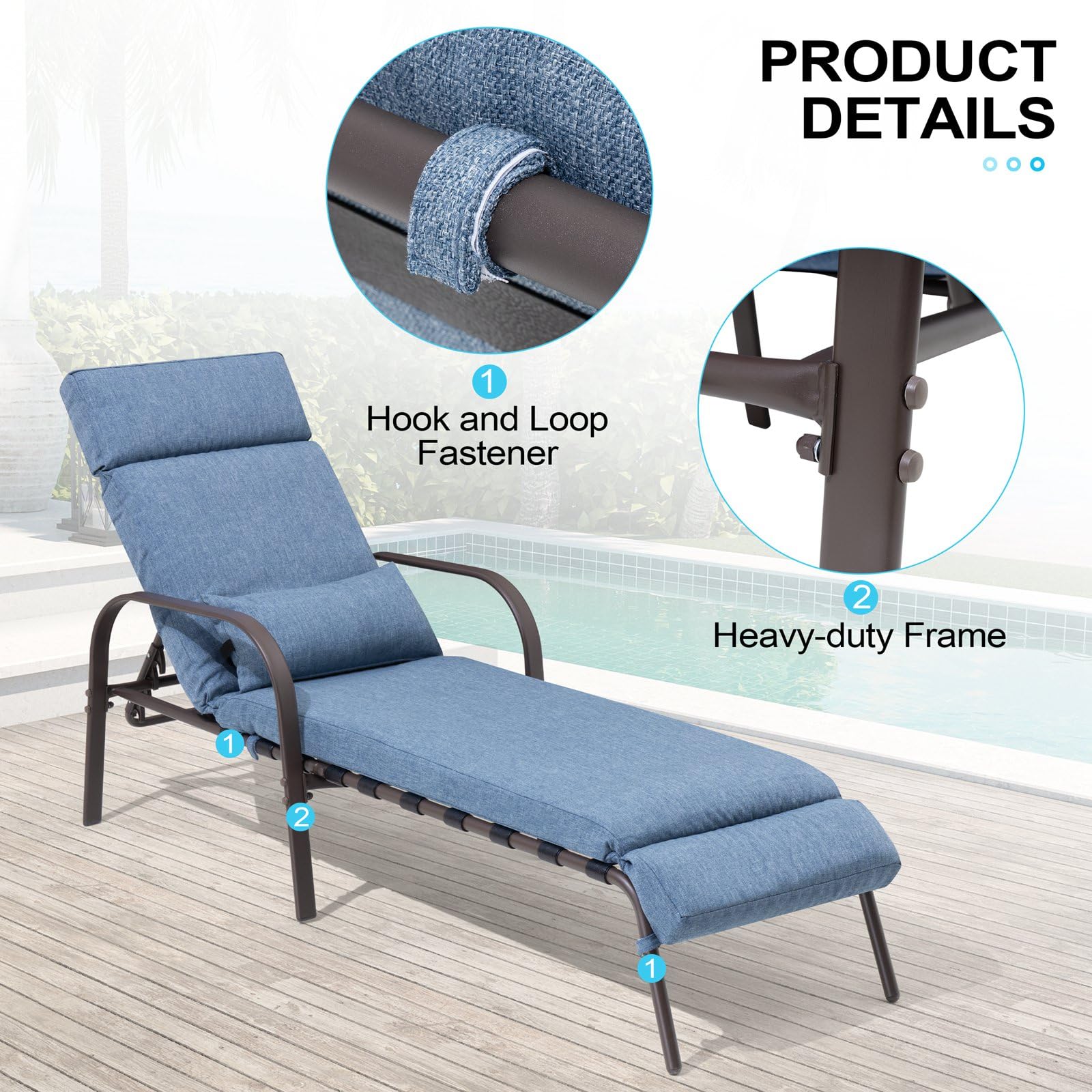 Crestlive Products Adjustable Chaise Lounge Chair with Cushion & Pillow, Outdoor Five-Position Recliner, All Weather for Patio, Beach, Yard, Pool (1PC Dark Blue)