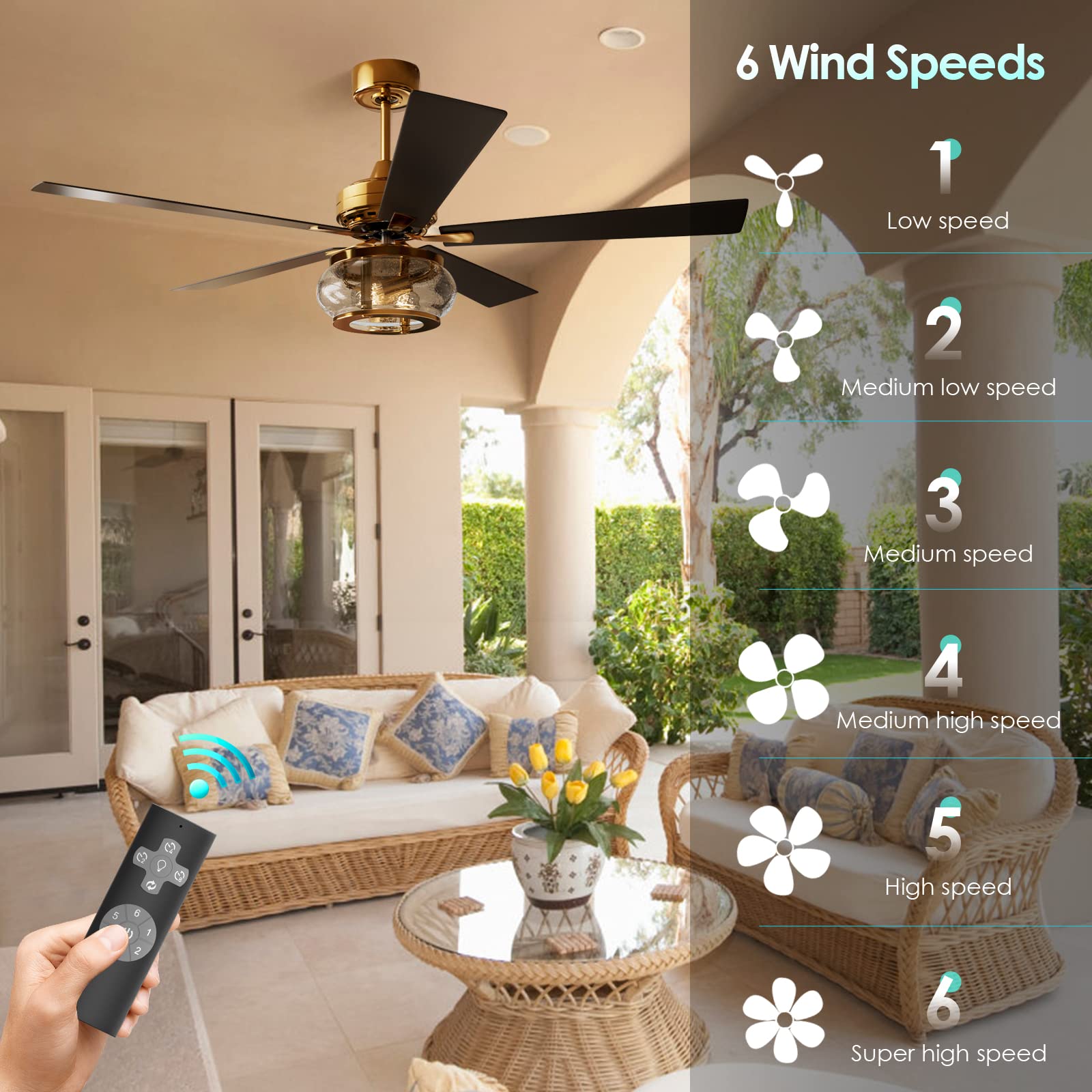 ADIUIVE Ceiling Fan with Lights, 60 Inch, 5-Blade, Low Profile, Brass Finish, Black & Golden, Farmhouse Style, Indoor Outdoor, Remote Control, LED Light, Ceiling Mount