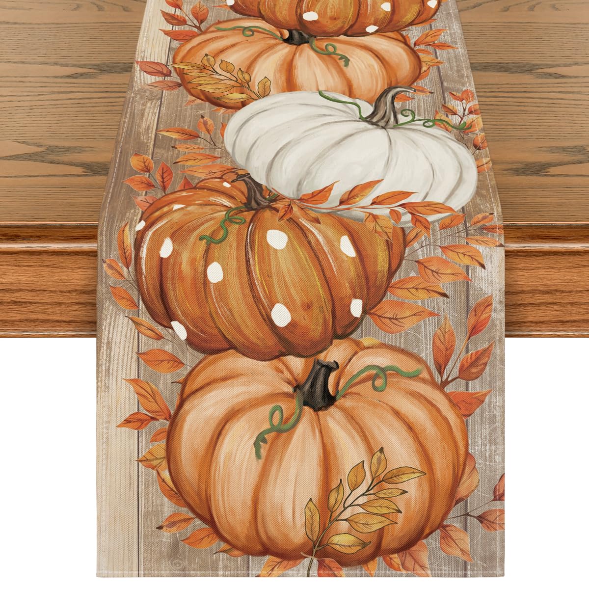 Artoid Mode Buffalo Plaid Orange Pumpkins Eucalyptus Fall Table Runner, Autumn Thanksgiving Kitchen Dining Table Decoration for Home Party Decor 13x72 Inch