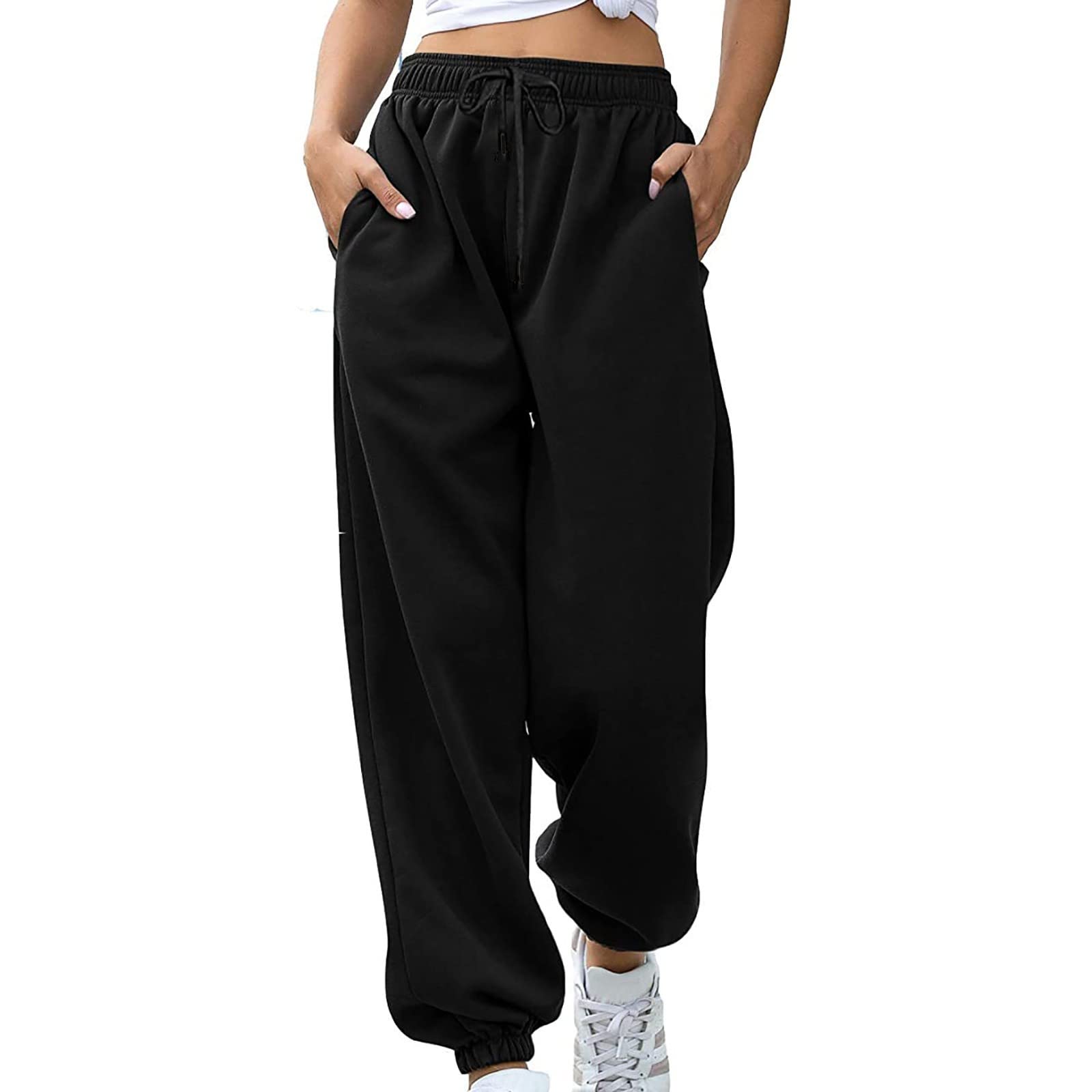 Baggy Sweatpants for Women Drawstring High Waisted Cinch Bottom Yoga Pants with Pockets Casual Relaxed Workout Jogger Pants Black