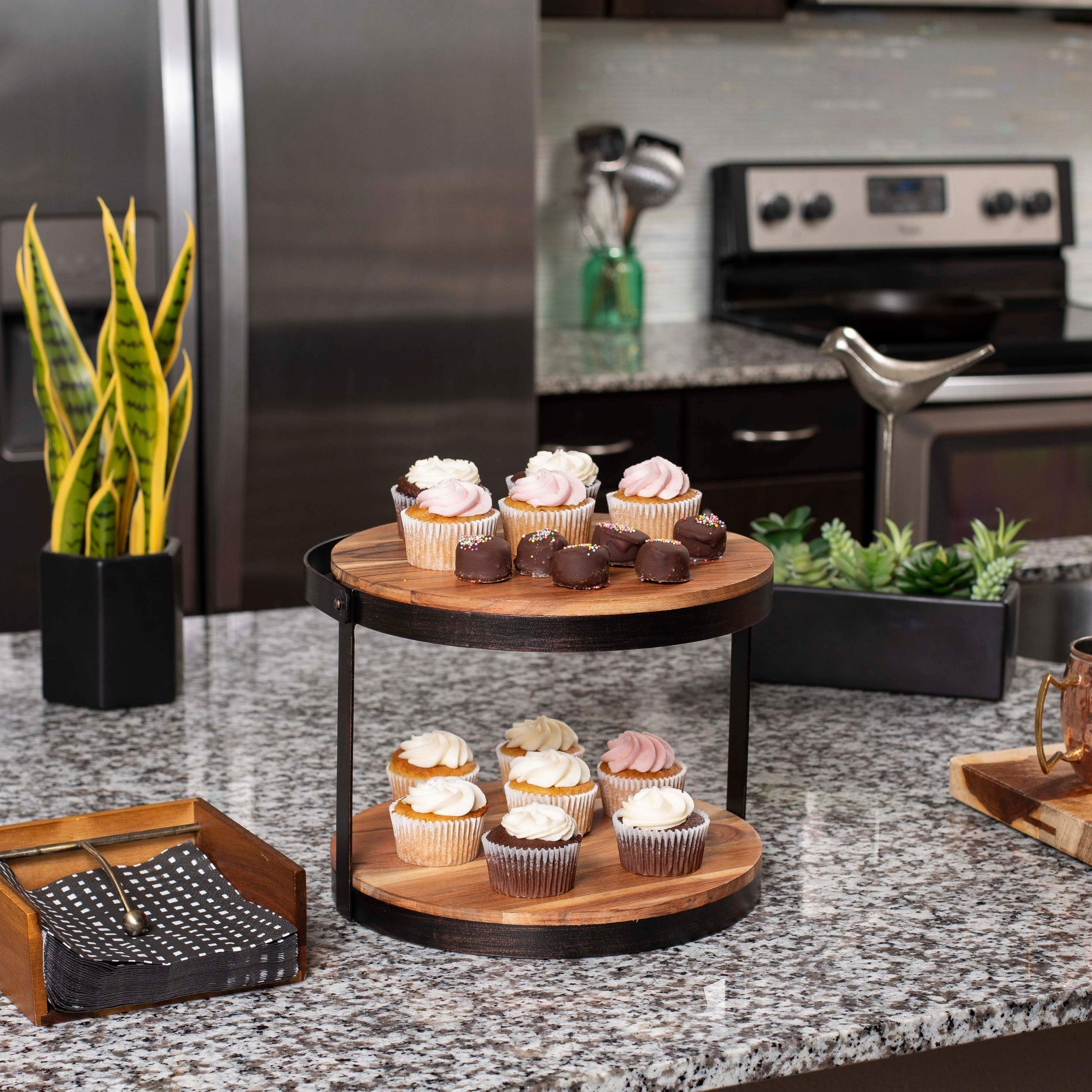 BIRDROCK HOME 2-Tier Cupcake and Cake Stand with Handle - Wood Iron Dessert Serving Tray - Rustic Farmhouse Dessert Stand - Modern Party Tiered Server - Table Kitchen Home Display - Round