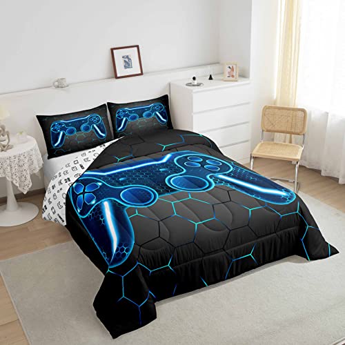 Feelyou Gamer Comforter Set for Kids Boys Teens Twin Size Game Controller Comforter 3Pcs Gaming Gifts Bedding for All Season(Twin,Blue)