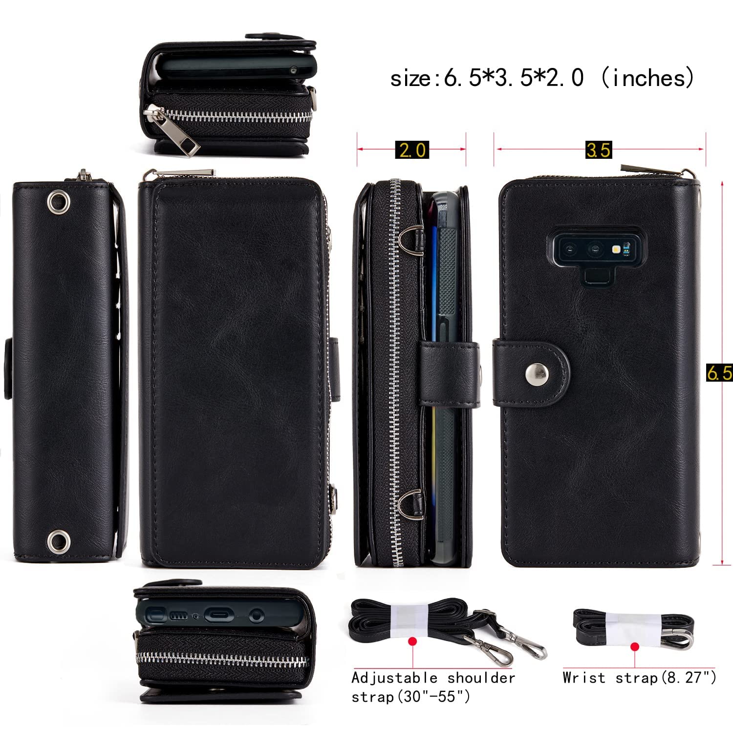 MODOS LOGICOS Crossbody Bag for Samsung Galaxy Note 9 6.4", [Shoulder Wrist Straps] [Zipper Storage] [11 RFID Card Slots 3 ID Window] PU Leather Purse with Removable Inner Magnetic TPU Case - Black