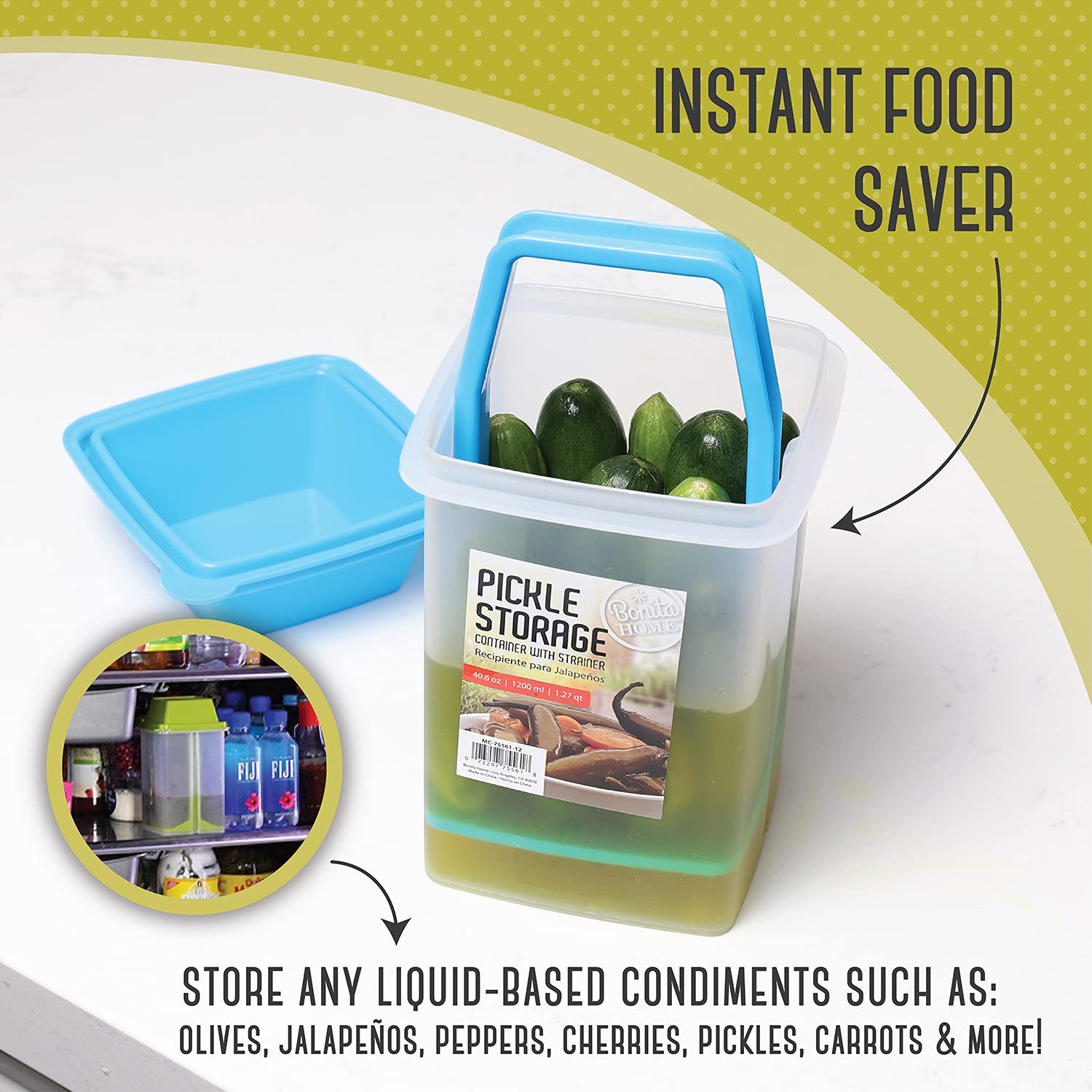 Bonita Home Pickle Storage Container with Strainer | Lift, Drain and Store Condiment Food Saver Jar with Snap Lid | 40.6 oz, 7.5" H x 4.25" W x 4.25" L (Jade Green)