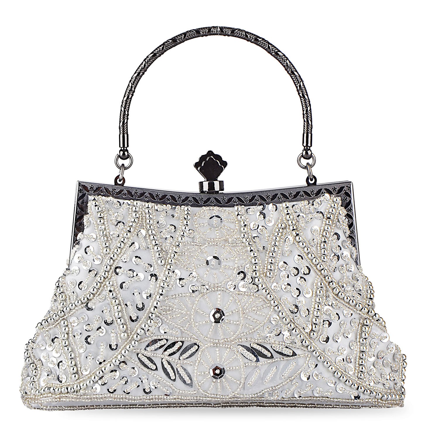 Fashion Vintage Style Handbag Beaded Sequined Evening Bag Wedding Party Handbag Rhinestone Clutch Purse (Silver)