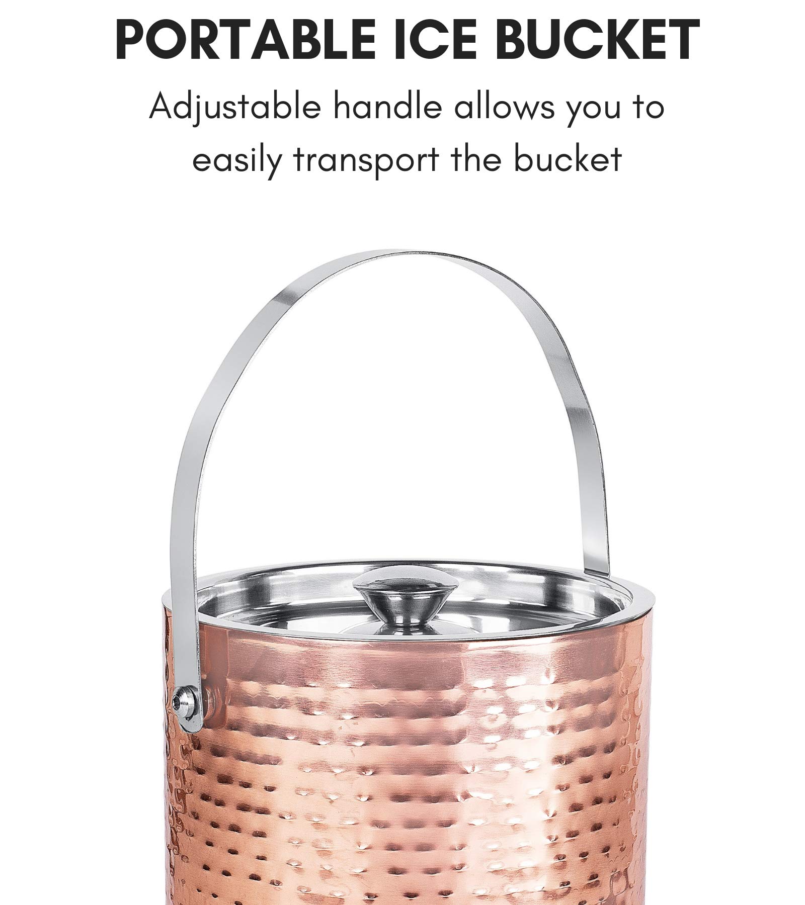 BirdRock Home Ice Bucket with Scoop & Lid - 2.8 Liter Hammered 18/8 Stainless Steel Container for Bar - Double Wall Insulated Bucket with Carrying Handle - Great for Parties - (Copper)
