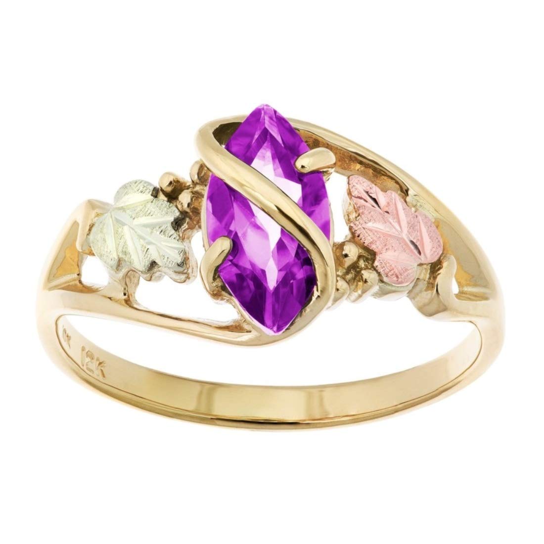Amethyst Marquise Petite Leaf Ring, 10k Yellow Gold, 12k Green and Rose Gold Black Hills Gold Motif, Size 10.75