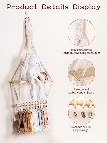 POVETIRE Macrame Hanging Shelves for Nursery for Nursery,Boho Baby Headband Holder Organizer Rope Decor Wall Hanging Decor for Toddler Girls Room