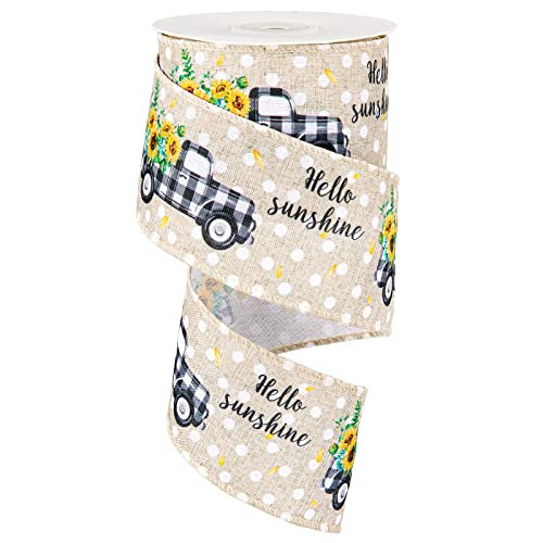 Whaline Vintage Wired Edge Ribbon Sunflower Truck Pattern Ribbon Spring Summer Fabric Decorative Craft Ribbon Roll for Gift Wrapping Decor Hair Bow Sewing Wreath Crafts, 10 Yard