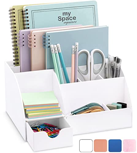 Office Desk Organizer, White Acrylic, with Drawer, 9 Compartments, All in One Office Supplies and Cool Desk Accessories Organizer, Pen Holder, Enhance Your Office Decor Desktop Organizer (White)