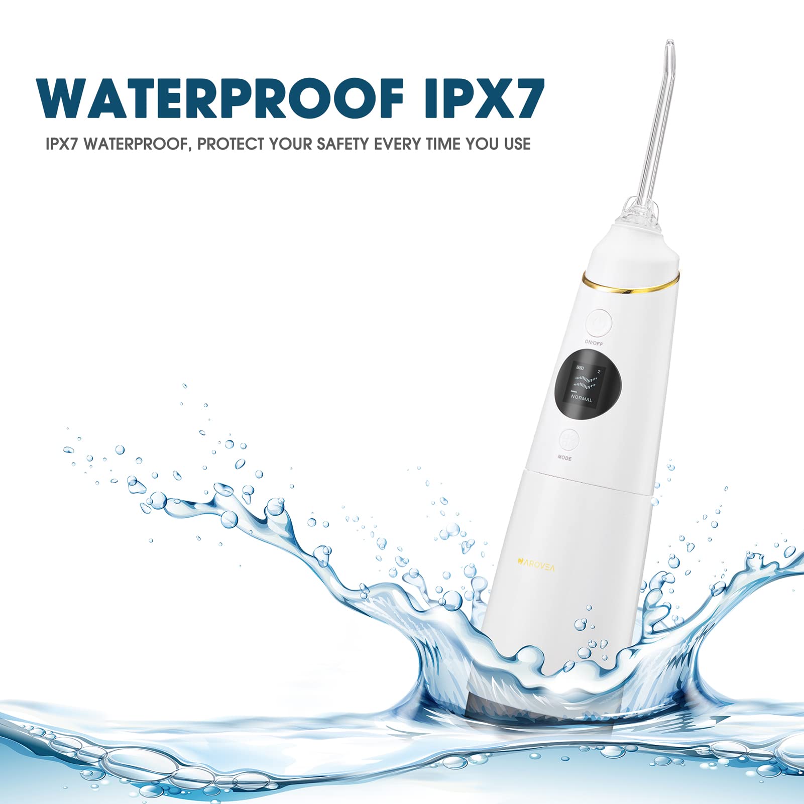 AROVEA Water Flosser, 5 Professional Modes, 8 Replaceable Jet Tips - IPX7 Waterproof, Powerful Rechargeable Battery Life, Oral Dental flosser for Home Travel