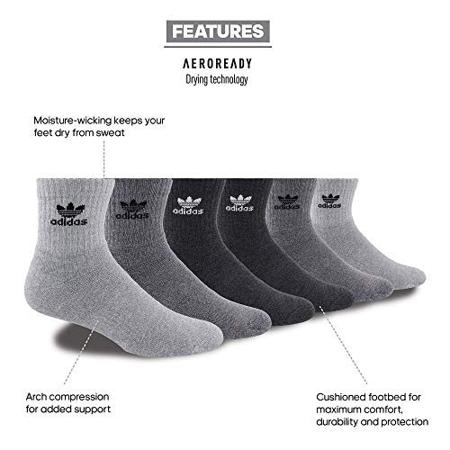 adidas Originals Trefoil Quarter Socks (6-Pair), Grey/Onix Grey/Black, Large