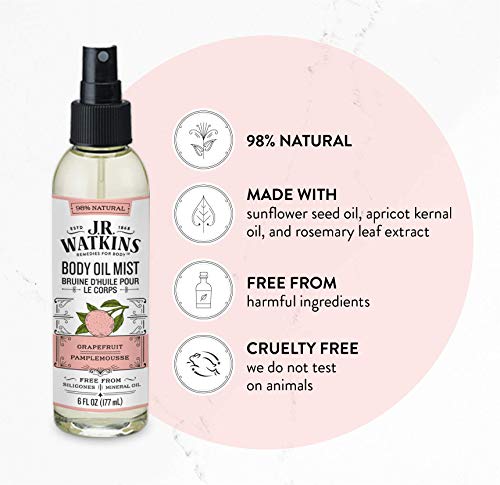 J.R. Watkins Natural Hydrating Body Oil Mist, Moisturizing Body Oil Spray for Glowing Skin, Cruelty Free, Grapefruit, 6 fl oz, Single