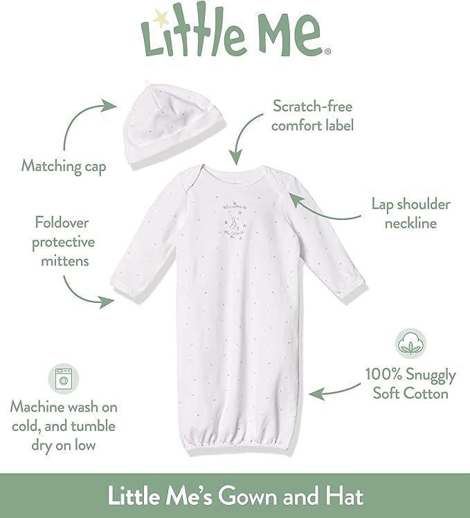 Little Me Baby Girl's 2-Piece Nightgown and Cap Set, White Print/Bunny, 0-3 Months
