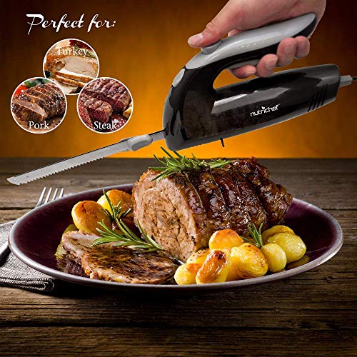 Upgraded Premium NutriChef Electric Knife - 8.9" Carving Knife, Serrated Blades, Lightweight, Ergonomic Design Easy Grip, Easy Blade Removal, Great For Thanksgiving, Meat & Cheese, Black