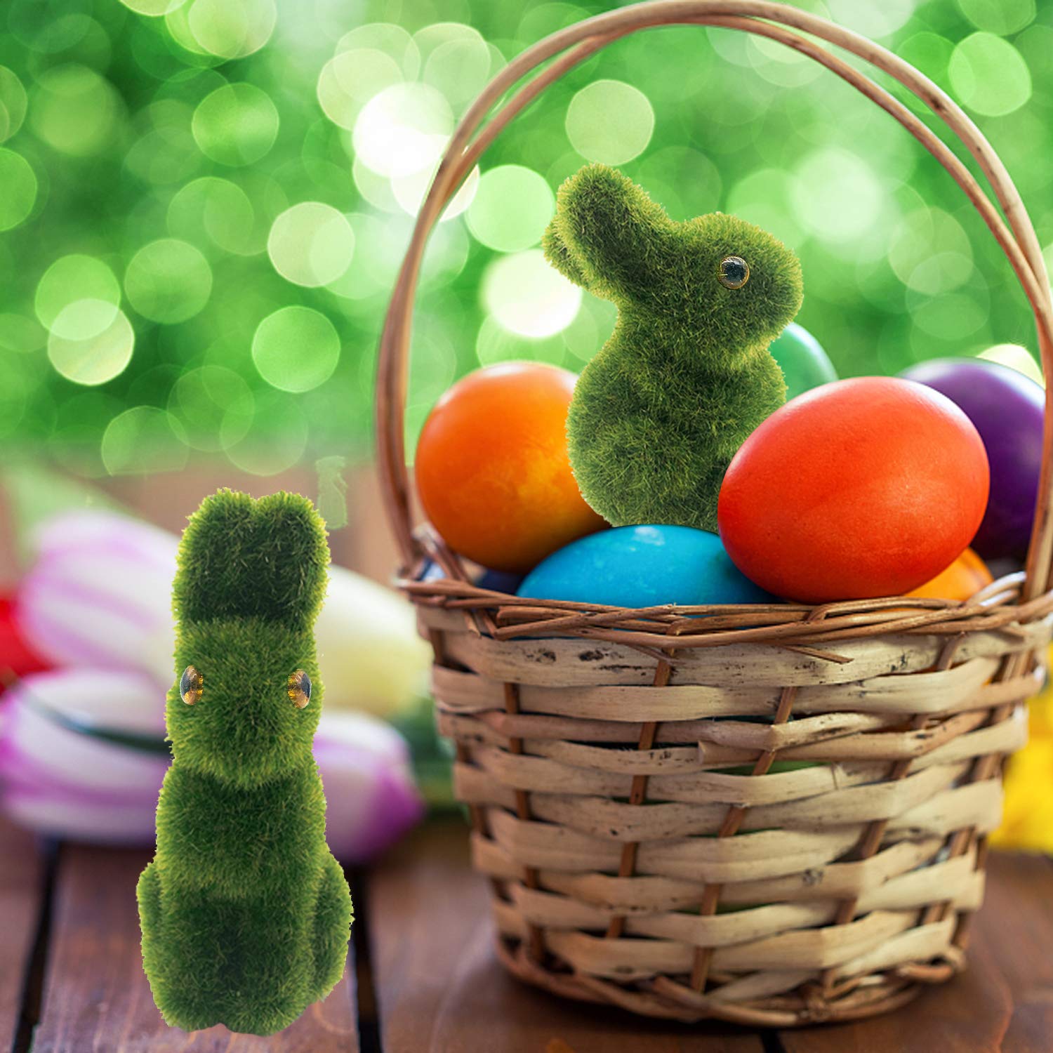 Alpurple 2 PCS Easter Moss Rabbit Statue -Artificial Turf Grass Bunny, Flocked Animal Figurines Ornament for Home,Office Desk,Easter Party Garden Yard Decoration