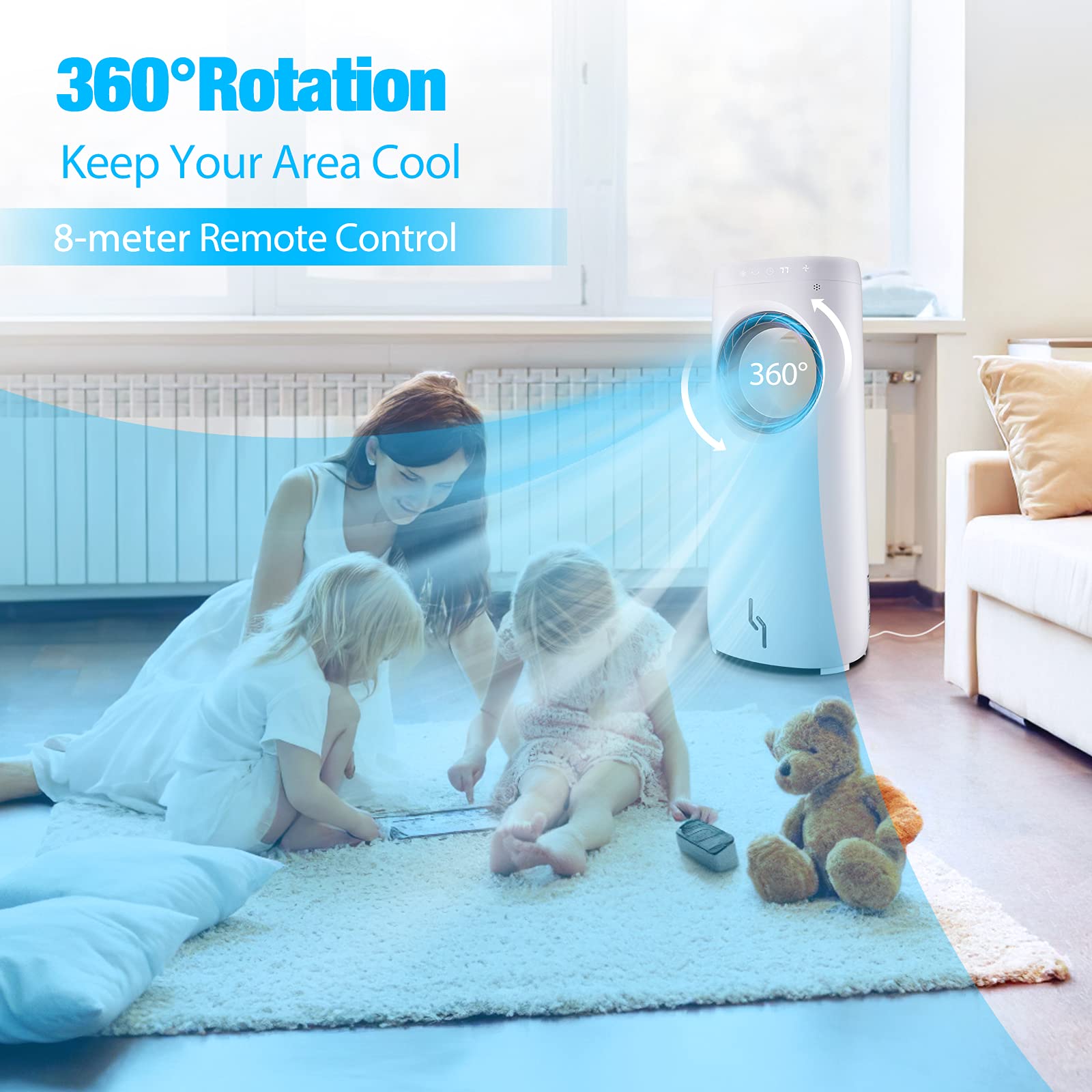 Evaporative Air Cooler - Trustech Portable Air Cooler, Cool & Humidifying with 3 Speeds, 12H Timer Evaporative Cooler, Bladeless Fan Ice Boxes Contained, Remote Control Tower Fan for Large Room Office