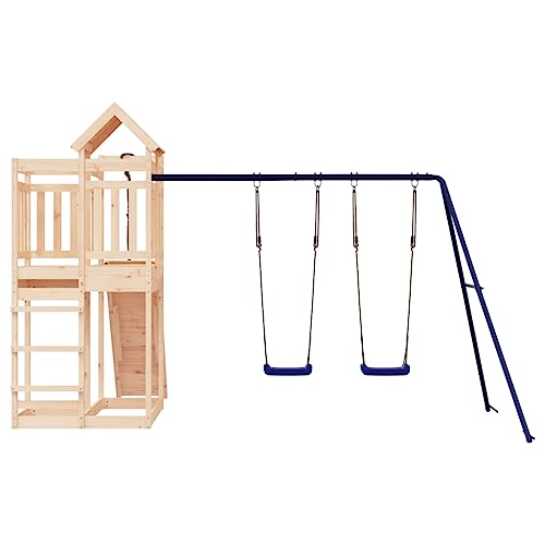 Loibinfen Outdoor Playset Solid Wood Pine, Garden Play Set with 1 Play Tower, 1 Climbing Wall, 1 Double Swing Set, Modern Outdoor Backyard Children's Climbing Wood Playground Playset,-4546