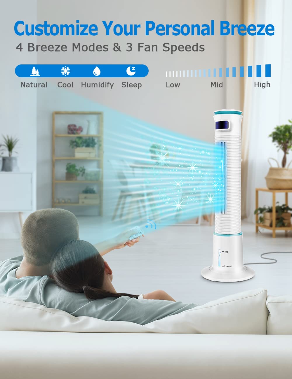 Evaporative Cooler - BREEZEWELL 2 IN 1 Portable Air Cooler, 70°Oscillating Evaporative Cooling Fan, Remote Control w/4 Modes & 3 Speeds, 15H Quiet Timer, Air Conditioner Portable for Room Office, 43IN