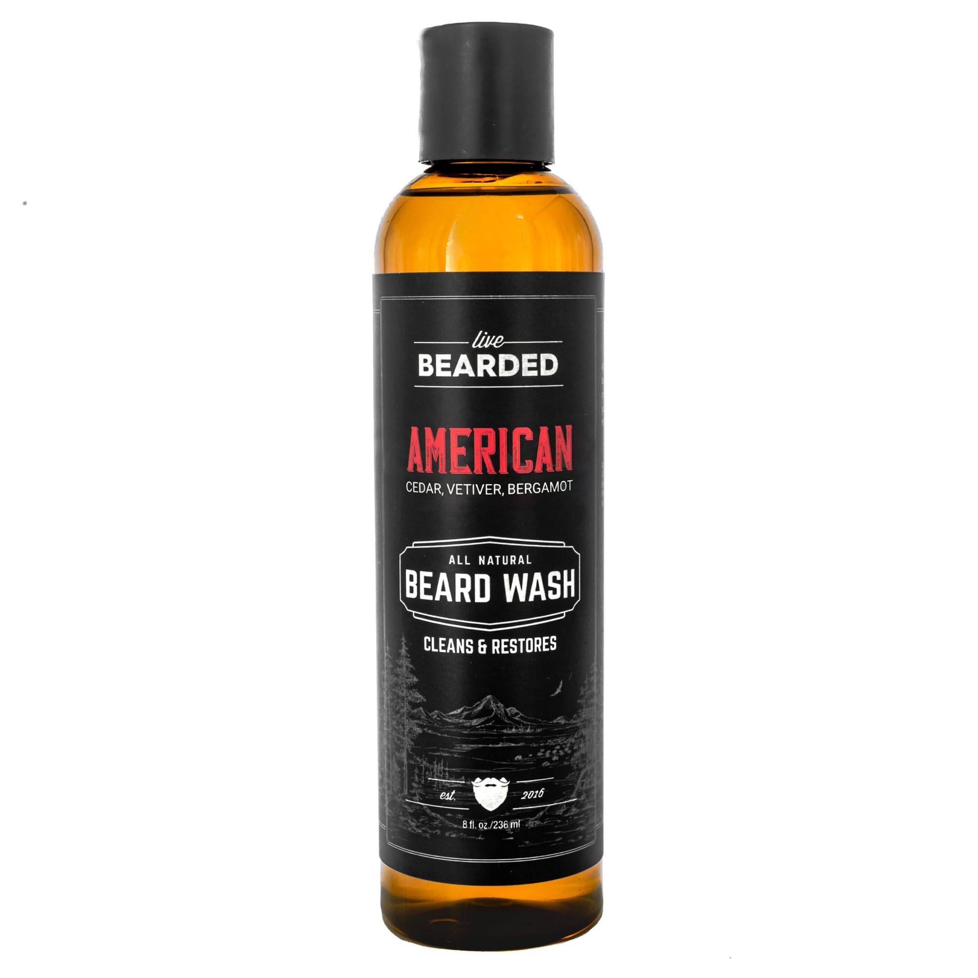Live Bearded Beard Wash, 8 fl oz - Water-Based Face Cleanser with All-Natural Ingredients for a Gentle, Deep Clean - Made in the USA | American Scent - Cedar, Pine, Vetiver, Bergamont