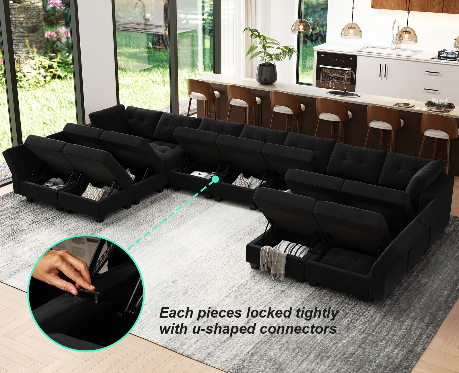 Belffin Modular Sectional Sofa, Oversize U-Shaped Couch with Storage Seats, Velvet Convertible Sofa Couch with Reversible Chaise, Beige