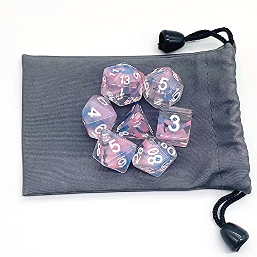 DND Polyhedral Dice RPG Dice for Dungeons and Dragons,Pathfinder,MTG,D&D Role Playing Game,Pink Blue Flower Transparent Dice Set,with Grey Waterproof Bag