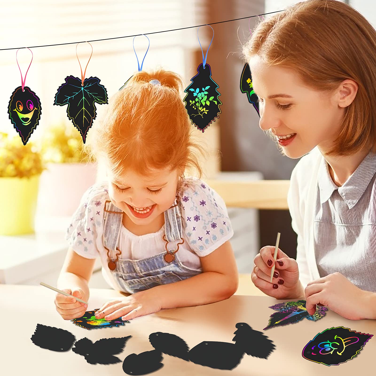 MEETANG 48pcs Scratch Art for Kids Fall Crafts Kits Thanksgiving Create Rainbow Paper Magic Off Supplies with Wood Styluses Ribbons Party Favor, Rinbow, universal