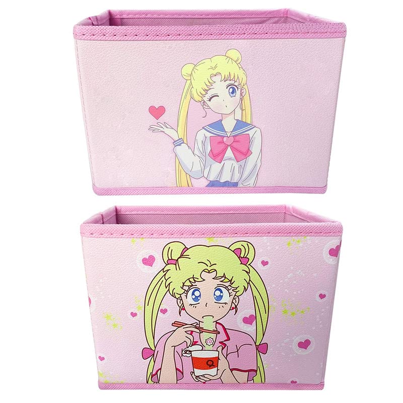 NocksyDecal Sailor Girl Storage Bins Set, Anime Cartoon Storage Box Pink Cute Storage Cube Basket Bin Organizer, Desk Organizer for Office Bedroom Home, Closet (2Pcs/Set)