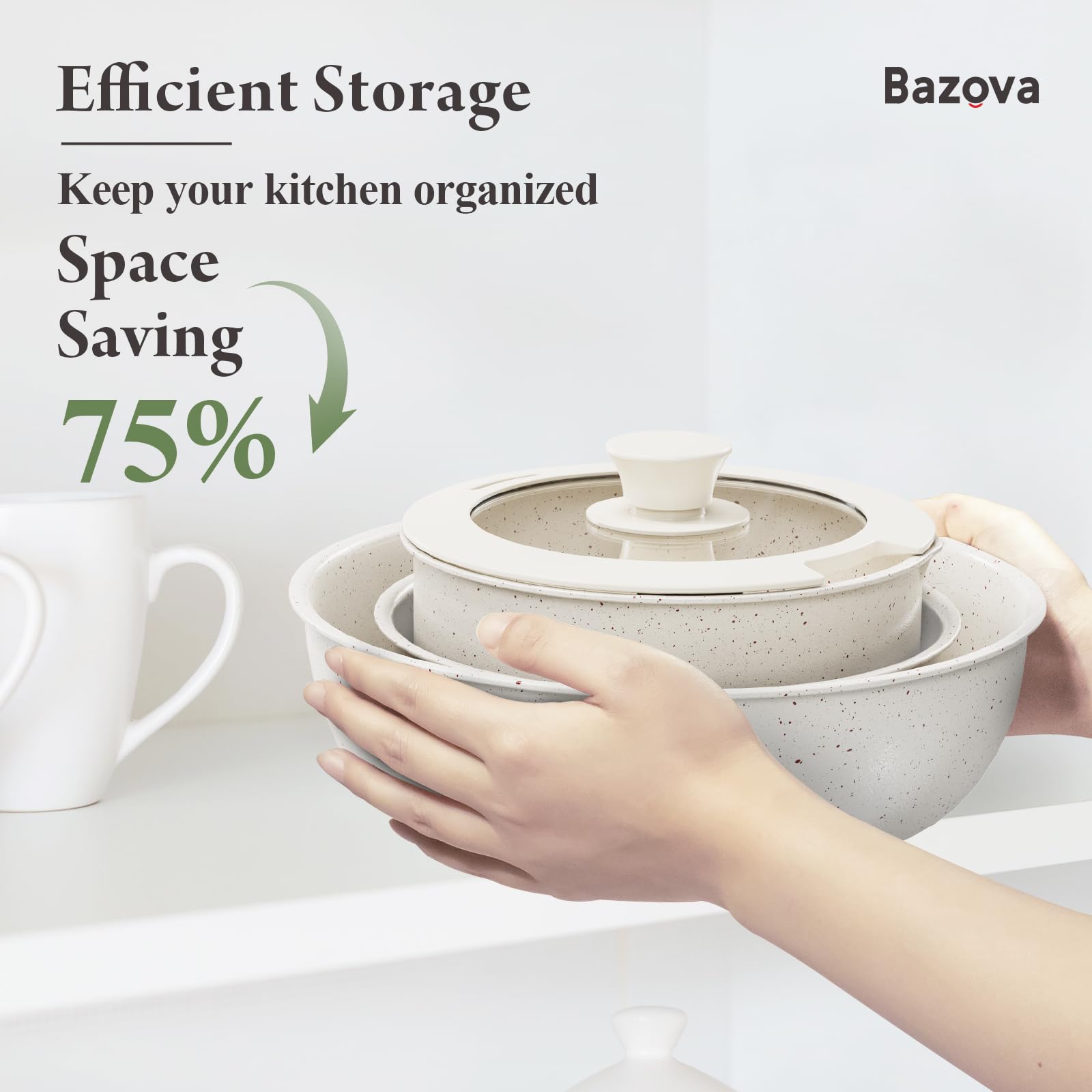 Bazova 11 Pcs Pots and Pans Set Non Stick with Removable Handles,Ceramic Cookware Set Non Toxic,Induction Kitchen Cooking Sets,Nonstick RV Cookware,Dishwasher/Oven Safe,PFAS/PTFE/PFOA Free,Cream White