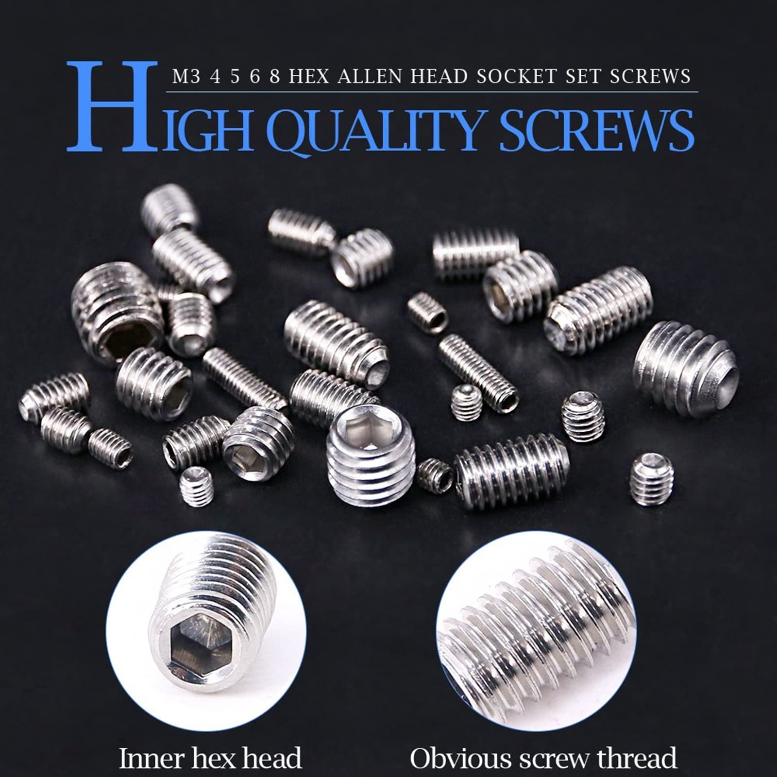 QLOUNI 200pcs M3 M4 M5 M6 M8 Allen Head Socket Hex Grub Screw Set Cup Point Assortment Kit (Metric, 304 Stainless Steel)