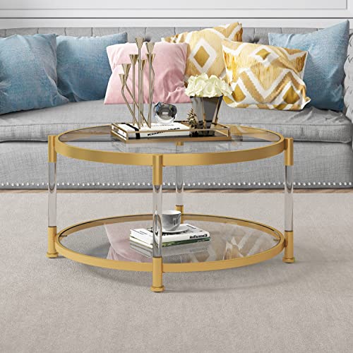 OIOG 2 Tier Coffee Table with Acrylic Legs,32.3" Wide Round Coffee Table with Glass Top, Modern Center Table for Living Room, Studio Apartment,Glass/Gold