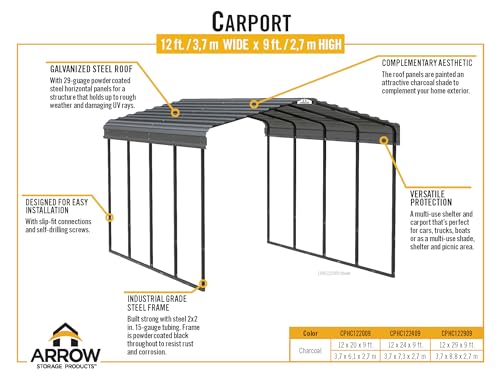 Arrow Carports Galvanized Steel Carport, Full-Size Metal Carport Kit, 12' x 20' x 9', Charcoal