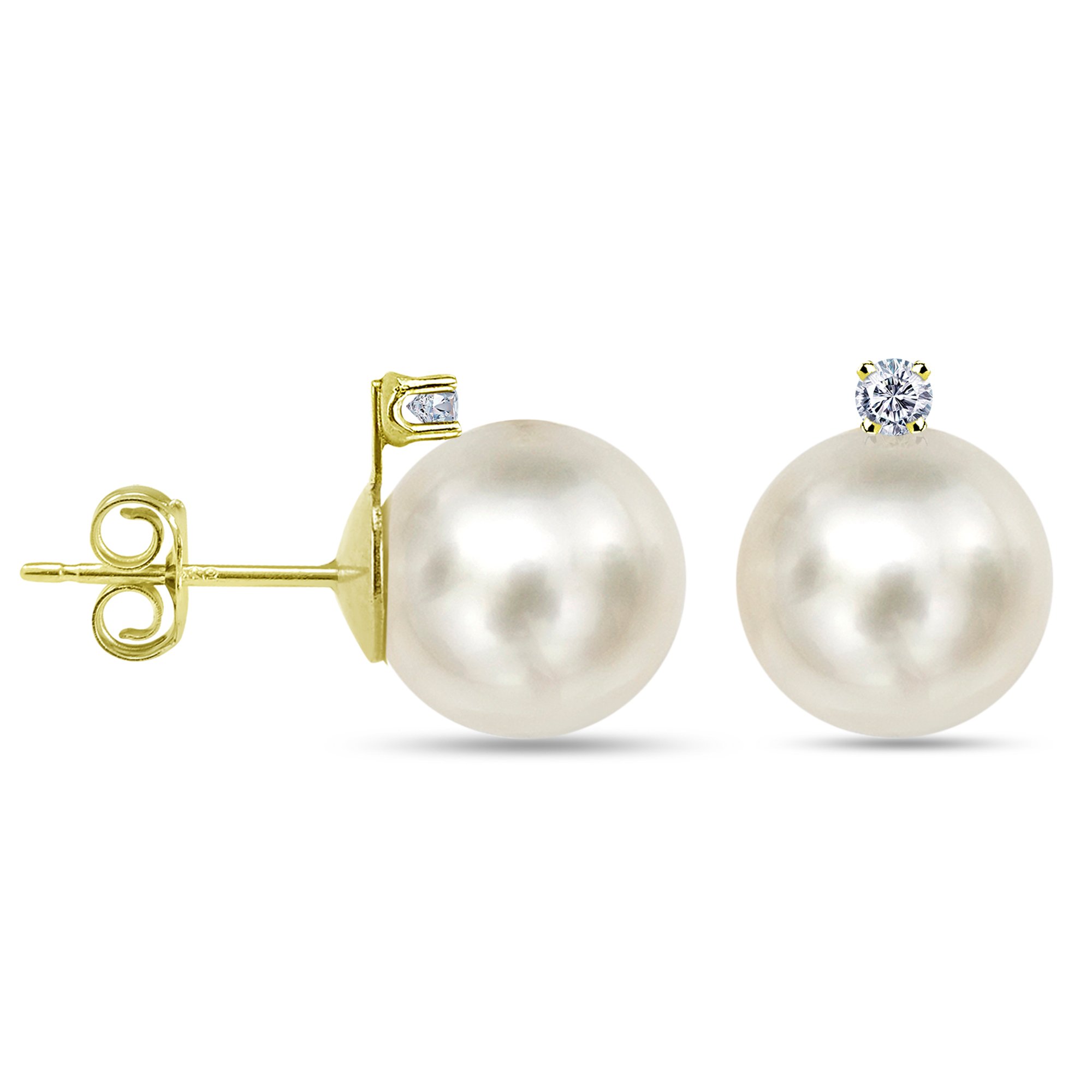 Amazon Collection 14k Yellow Gold 1/50cttw Diamond with 9-9.5mm Round White Freshwater Cultured Pearl Stud Earrings