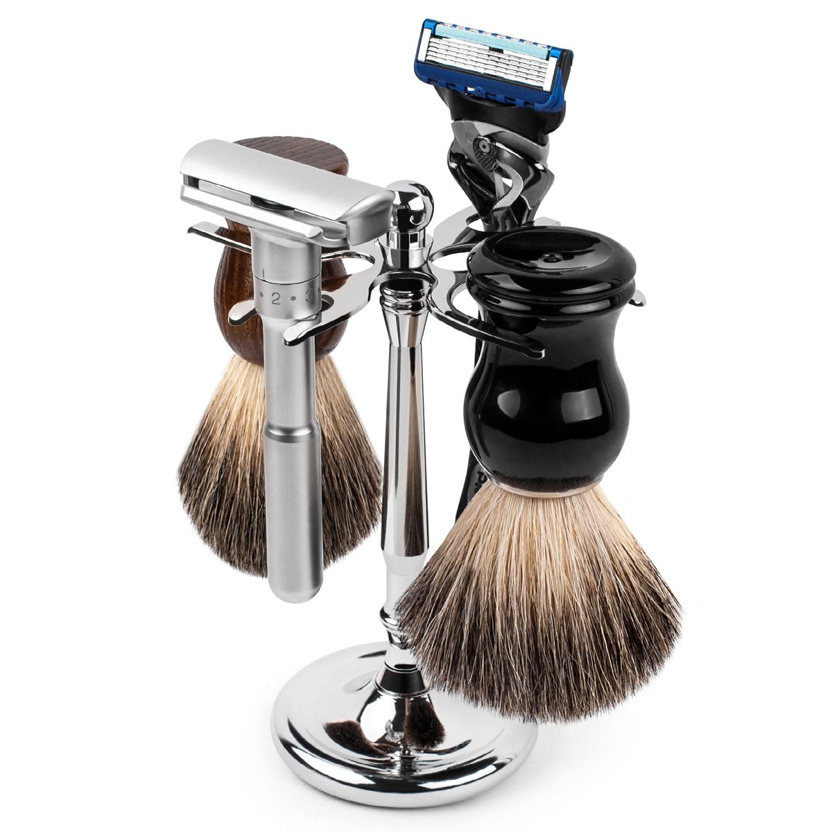 QSHAVE Deluxe 4 Prong Chrome Razor and Brush Stand, Prolong The Life of Your Shaving Brush