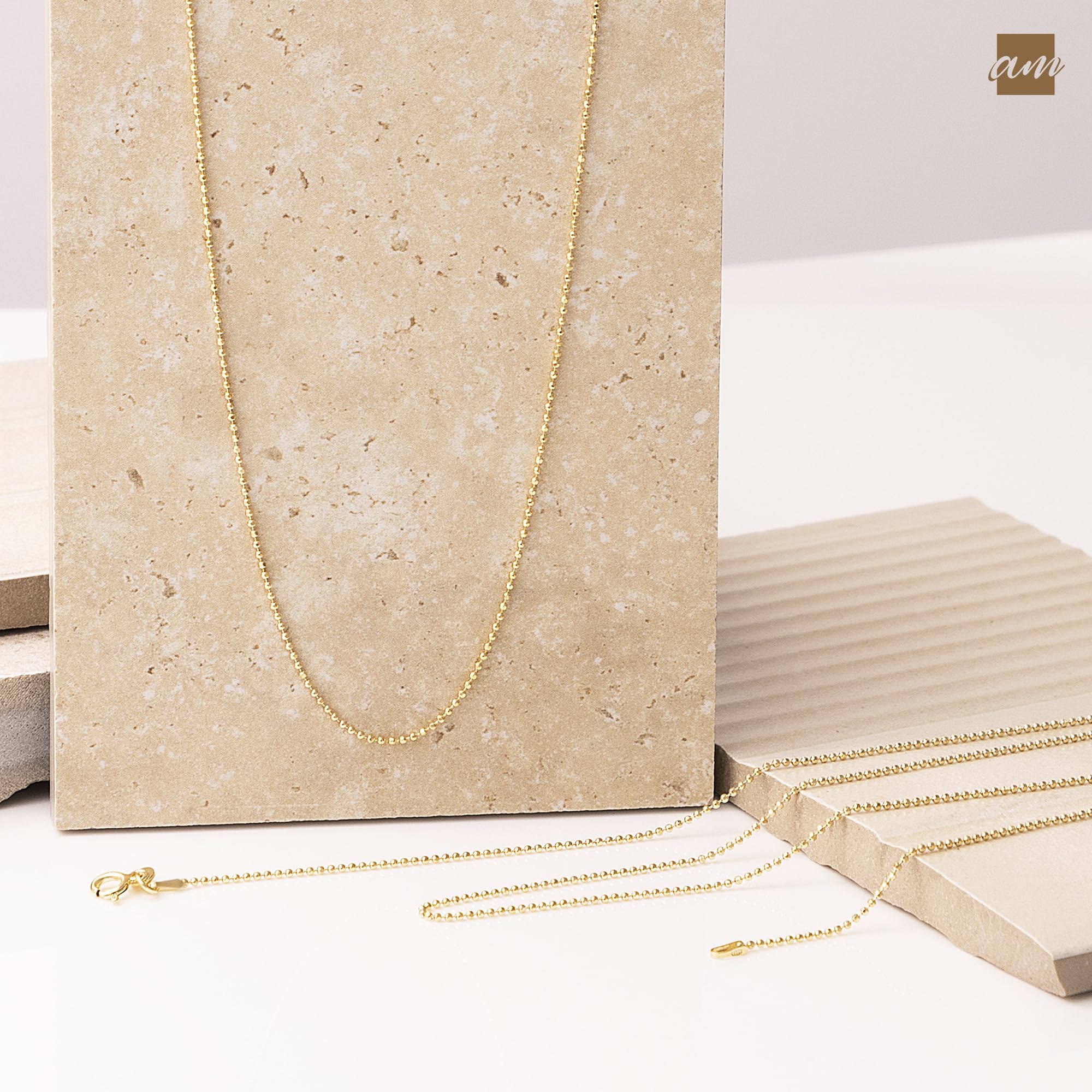 Amberta 18K Gold Plated on Sterling Silver 1.2 mm Ball Bead Chain Necklace Size: 16 18 20 22 24 28 inch / 40 45 50 55 60 70 cm (20inch/50cm)