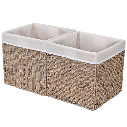 StorageWorks Rectangular Wicker Baskets for Shelves, Seagrass Hand-Woven Baskets with Linings, Medium, 10 ¼ x 10 ¼ x 10 ¾ inches, 2-Pack