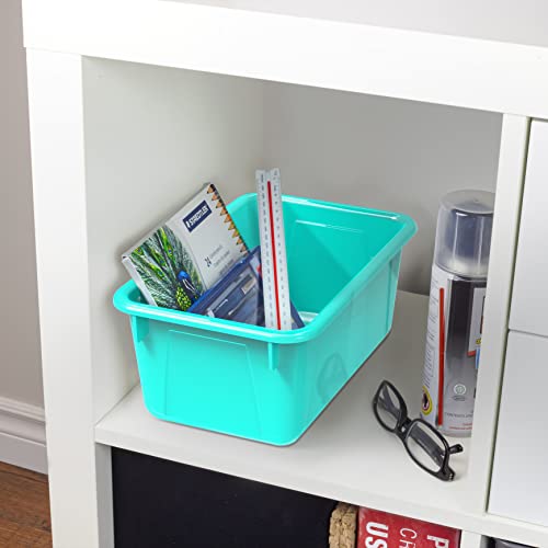 Storex Small Cubby Bins – Plastic Storage Containers for Classroom with Non-Snap Lid, 12.2 x 7.8 x 5.1 inches, Teal, 5-Pack (62412U05C)