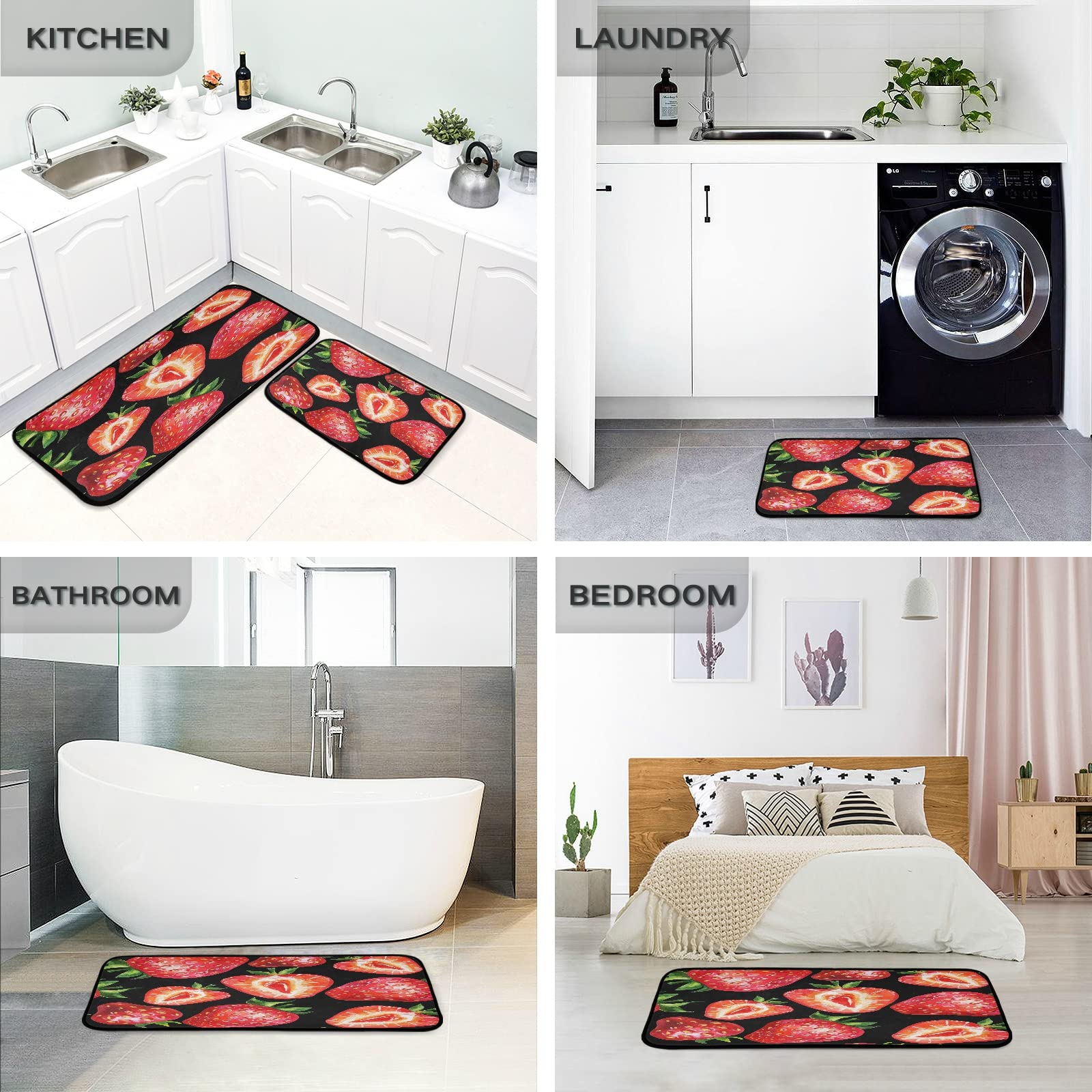 ALAZA Strawberry Red Black 2 Piece Kitchen Rug Floor Mat Set Runner Rugs Non-Slip for Kitchen Laundry Office 20" x 28" + 20" x 48"