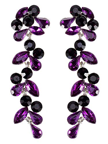 Alilang Metal Tone Grape Colored Stone Embellished Flower Leaves Dangling Earrings, Purple