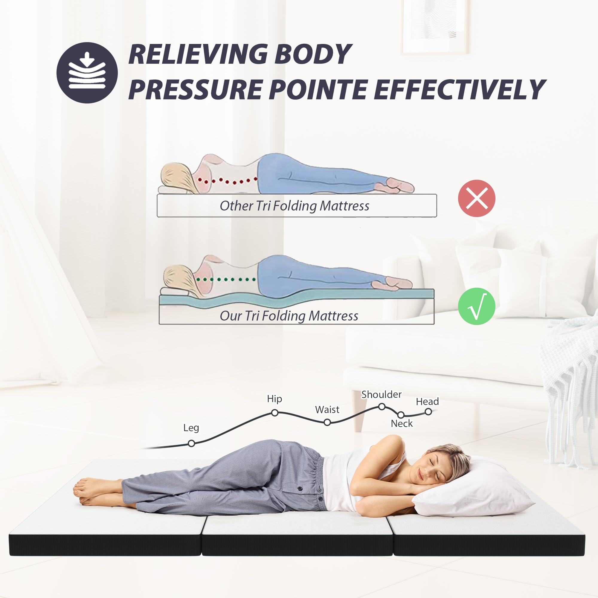 BORGEBY 4-Inch Tri-Folding Memory Foam Mattress - Portable Folding Mattress with Breathable Mesh, Removable Cover, Comfortable Support, Therapeutic Qualities, Queen Mattress (73"x52"x4")