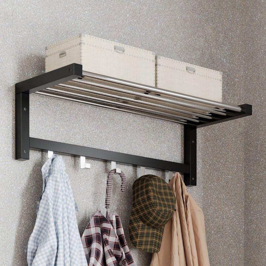 ARROWSTONE Coat Rack with Shelf Solid Acacia Wood, 31" Entryway Wall Mounted Shelf, Stainless Steel Coat Hooks, 5 Hooks for Clothes, Key Holders, Hats, for Bedroom, Living Room, Bathroom