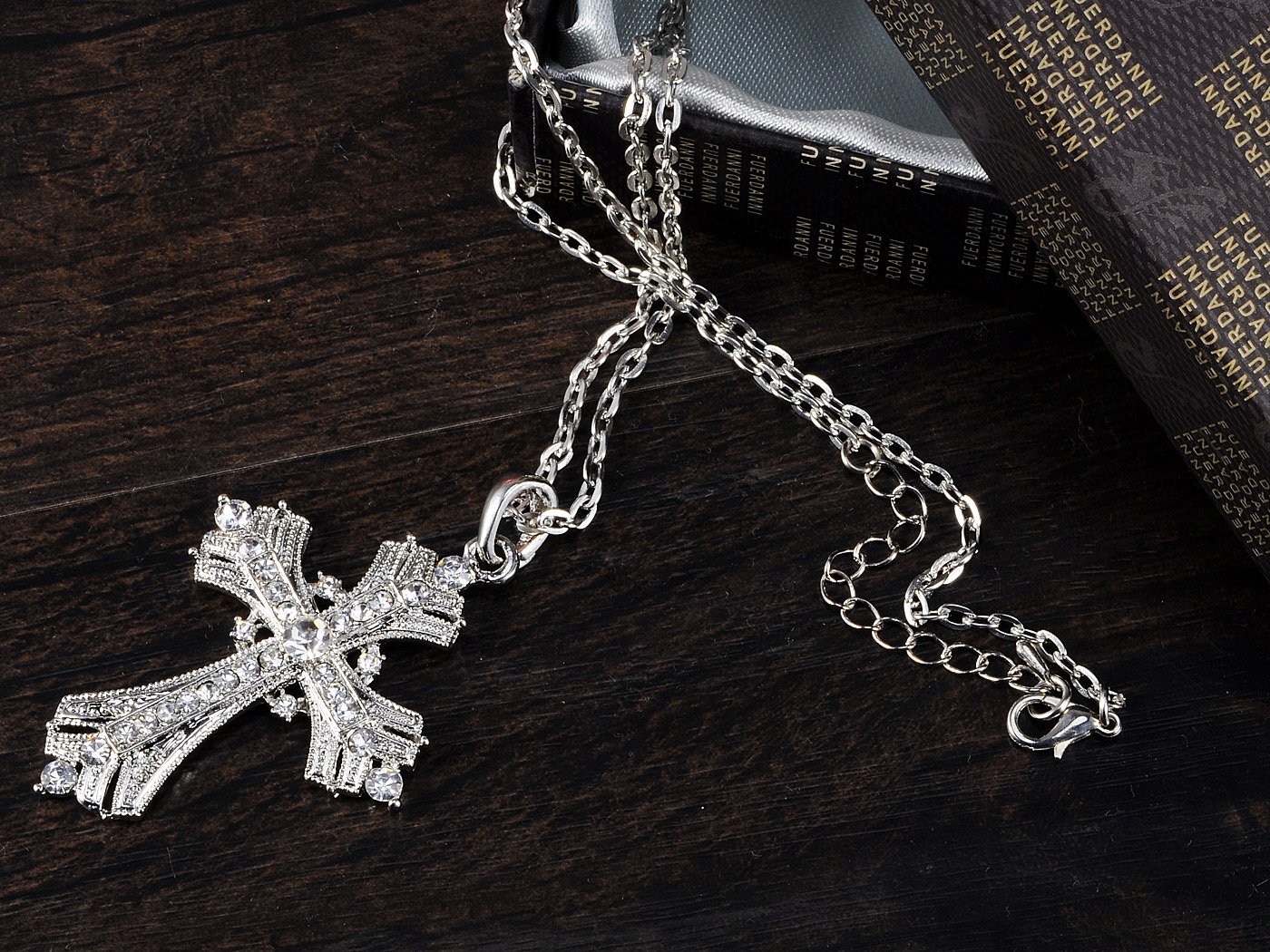 Alilang Silvery Tone Religious Cross Pendant Necklace Clear Crystal Rhinestones,Silver Clear