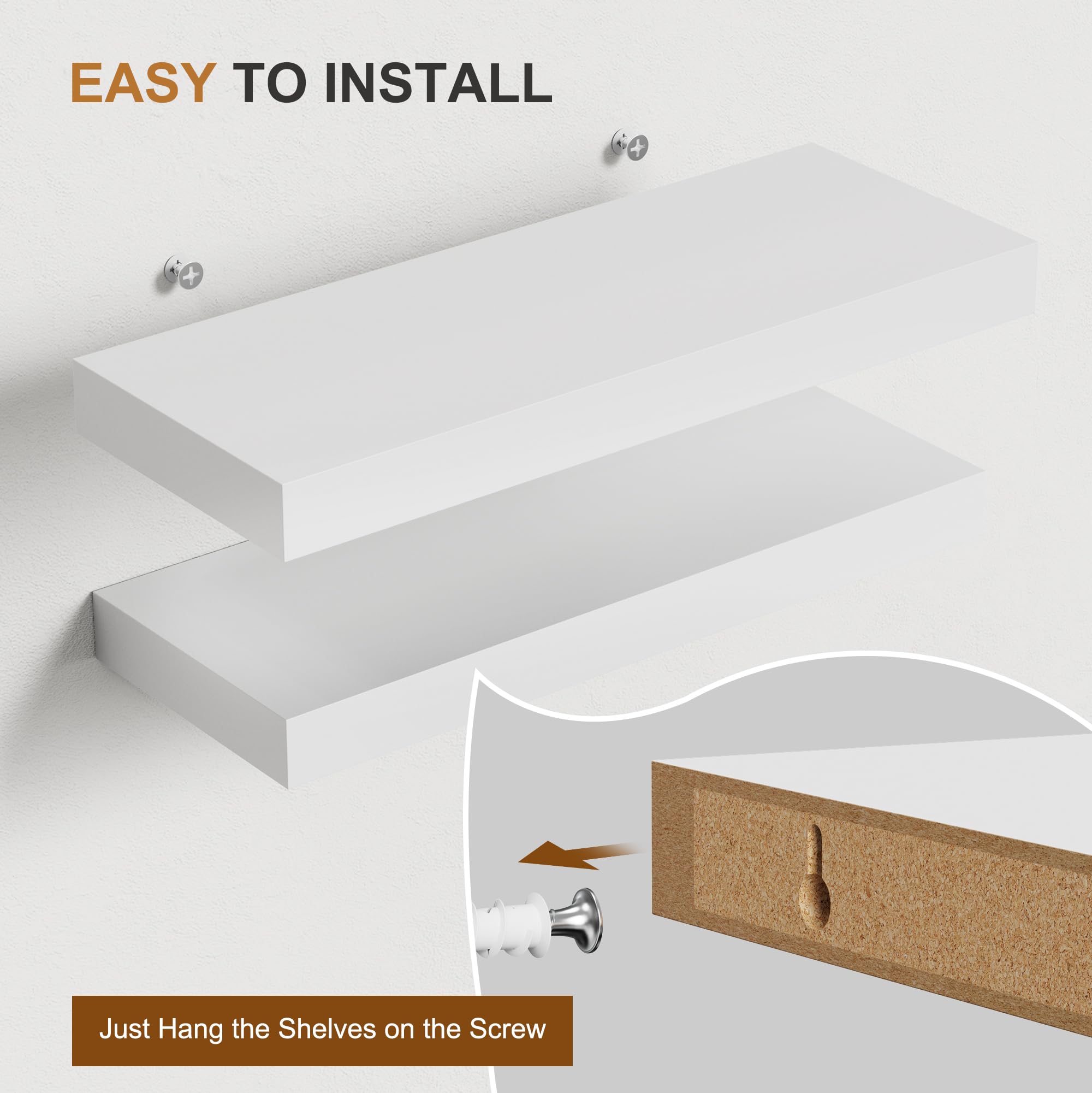 Bellsal Floating Shelves, White Engineered Wood Wall Shelf Set of 2, 15" Wall Mounted Floating Shelf, Hanging Wooden Shelf Invisible with Brackets for Bedroom, Kitchen, Living Room, Bathroom Decor