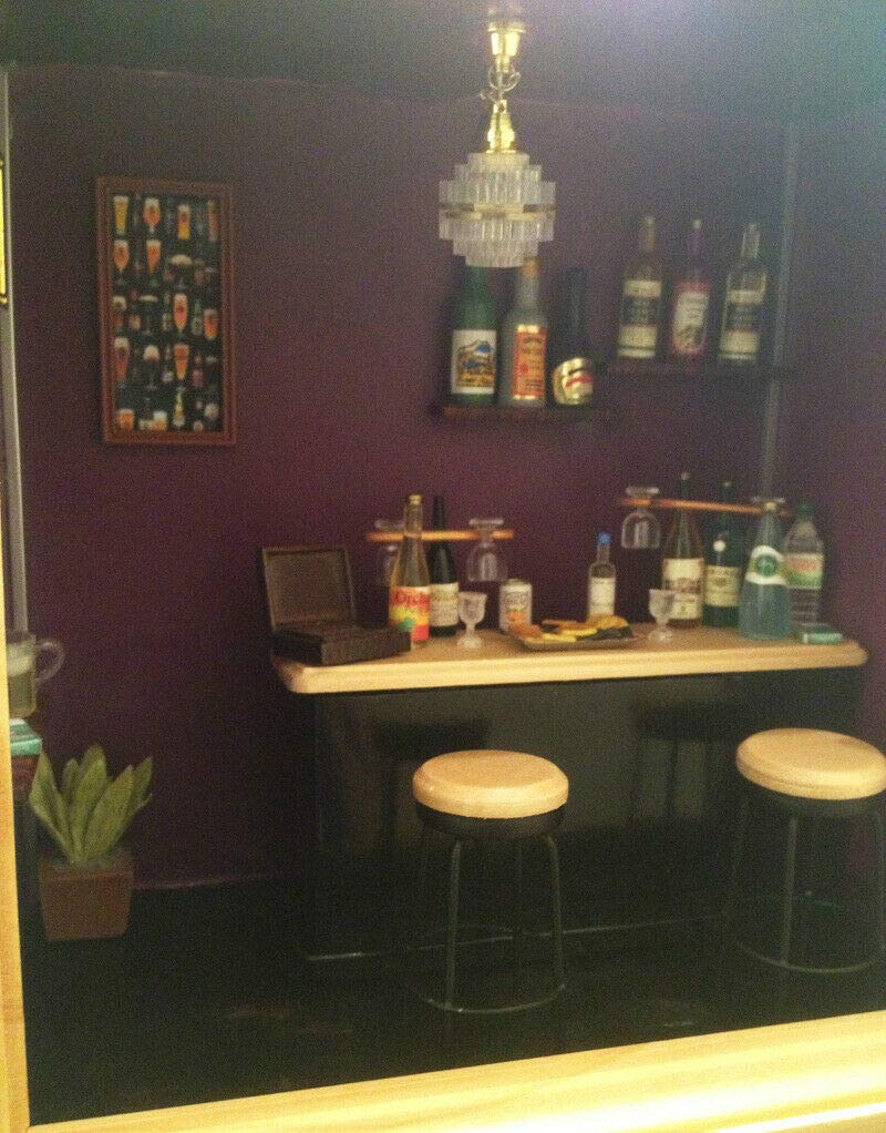 Dollhouse Taproom Bar Counter with 2 Stools 1:12 Miniature Furniture Decor