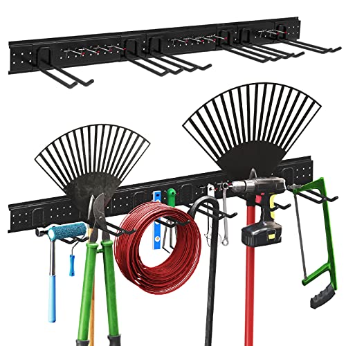 Stormann Tool Storage Rack Wall Mount Garage Tool Organizer Heavy Duty 16 Hooks Max Load to 600lbs for Power Tools, Shovels, Rakes, Brooms, Weeder, Leaf Blower ,and More