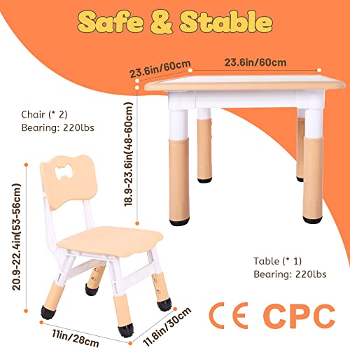 FUNLIO Kids Table and 2 Chairs Set, Height Adjustable Toddler Table and Chair Set for Ages 3-8, Easy to Wipe Arts & Crafts Table, for Classrooms/Daycares/Homes, CPC & CE Approved (3pcs Set) - Natural
