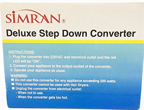 Simran SMF-200 Deluxe 200 Watts Step Down Voltage Converter for International Travel to AC 220V/240V Countries, Ideal for Laptops, Cameras, iPhones, BlackBerry, iPods etc